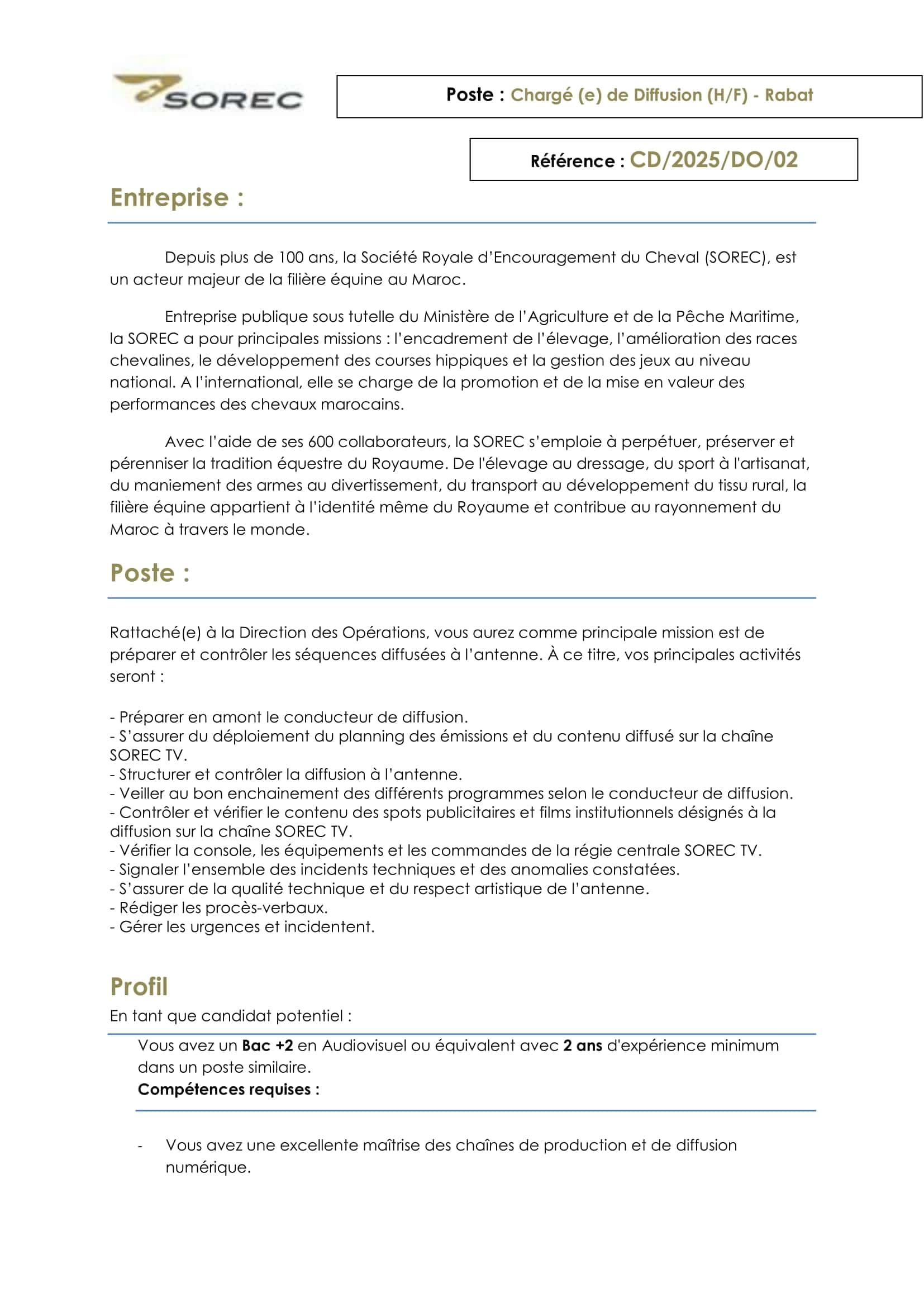 La SOREC recrute des Chargés de Diffusion TV à Rabat - Emploi concours ...