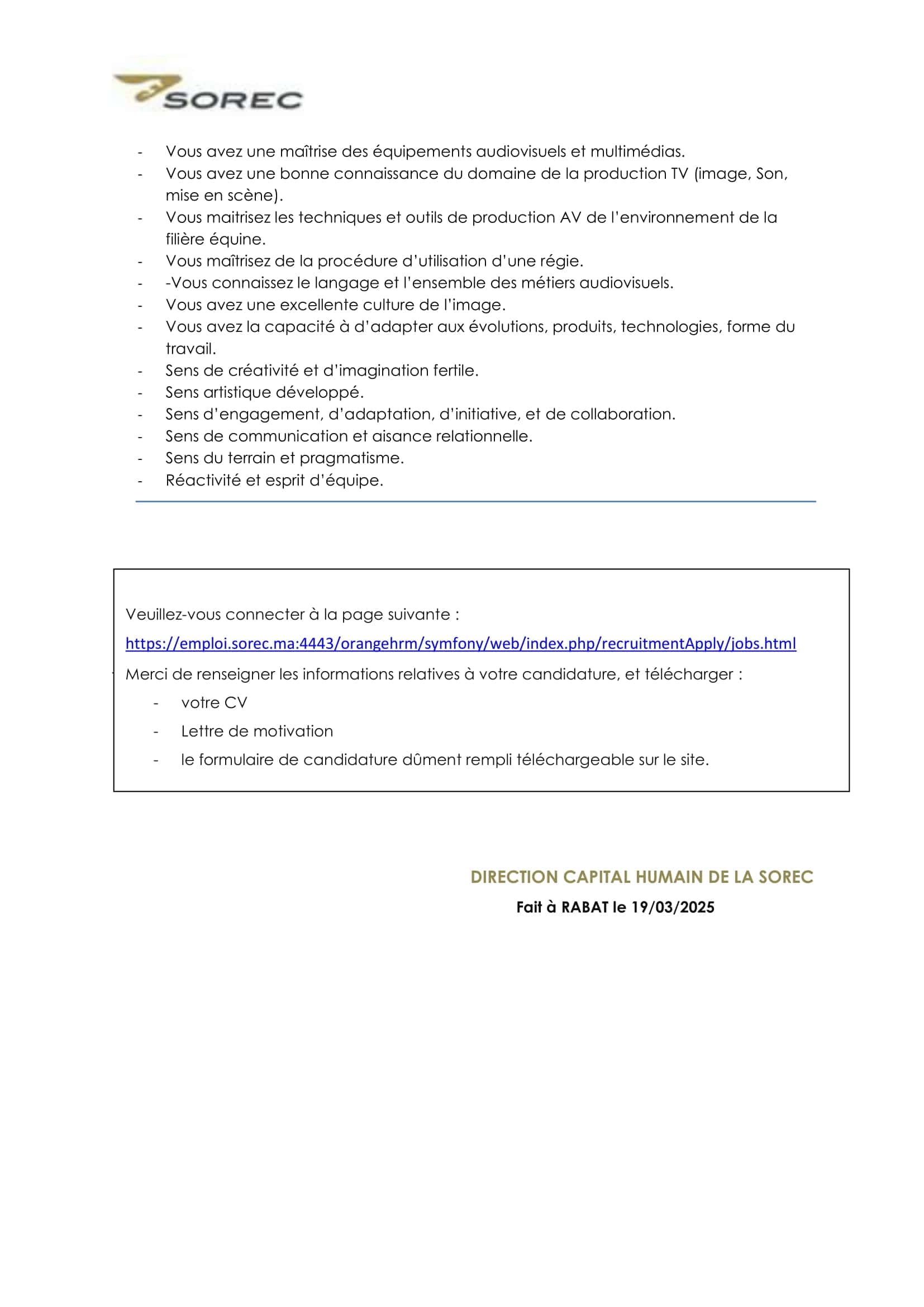 La SOREC recrute des Chargés de Diffusion TV à Rabat - Emploi concours ...