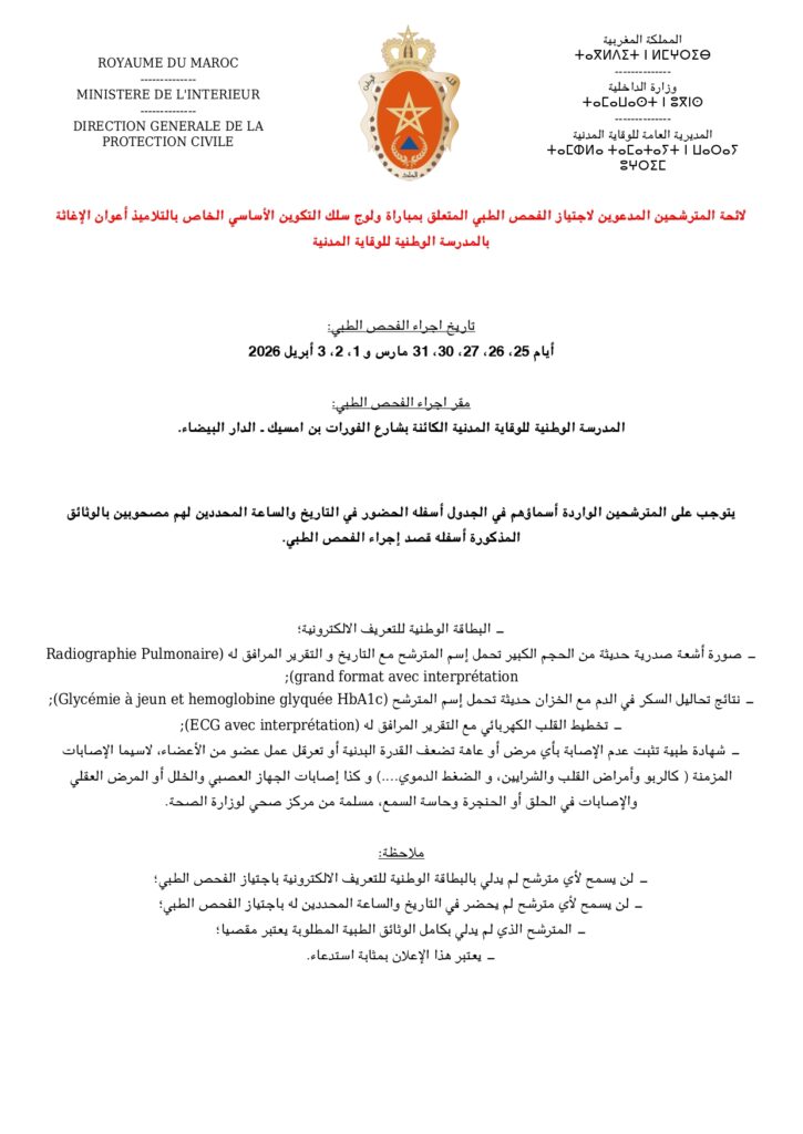 لائحة المدعوين لإجراء مباراة ولوج سلك التلاميذ أعوان الإغاثة (1081 ...